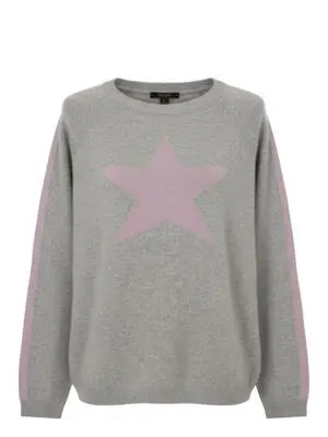 AT LAST... Cashmere Mix Sweater In Light With Lilac Star & Armstripe - Grey