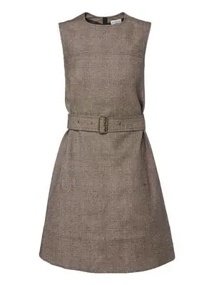 Burberry Belted Checked Wool And Linen-blend Minidress - Beige