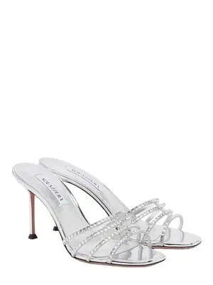 AQUAZZURA Sensation Crystal Metallic Leather Mules - Silver