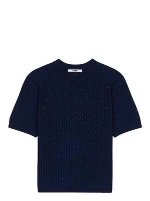 Maje Short-sleeved Rhinestone-embellished Wool-blend Jumper - Navy