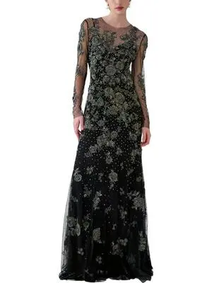 Carolina Herrera Trumpet Gown With Pewter Floral Embroidery - Black