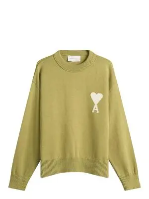 AMI Paris Crewneck Sweater With Contrasted De Coeur - Matcha/ecru