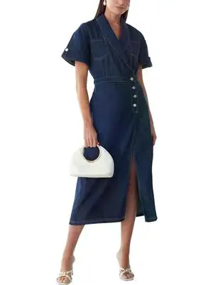 WILLA Wrap-front Denim Midi Dress - Blue
