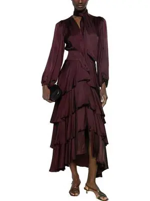 Maje Pussy-bow Tiered Asymmetric Dress - Red