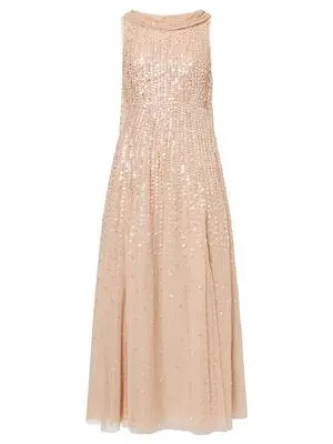 NEEDLE & THREAD Moonlight Sequin Cape Sleeve Ankle Gown - Biscuit