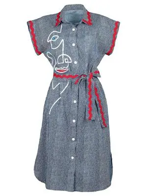 LALIPOP DESIGN Pinstripe Cotton Shirtdress With Face Embroidery - Blue