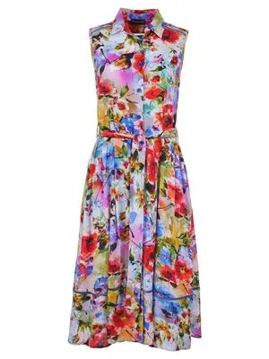 CONQUISTA Floral Sleeveless Dress With Belt - Blue