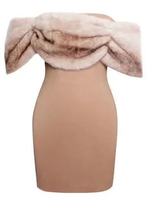 MISS CIRCLE NEW YORK Nadira Off Shoulder Fur Trim Mini Dress - Brown