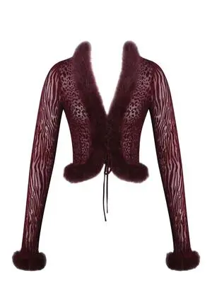 MISS CIRCLE NEW YORK Hali Burgundy Animal Print Burnout Velvet Fur Trim Top - Red