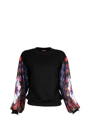 LALIPOP DESIGN Sweatshirt With Printed Chiffon Pleated Sleeves - Black