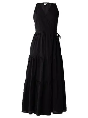 REISTOR Sleeveless Embroidered Wrap Dress With Tiers - Black