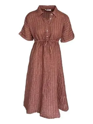 Haris Cotton Striped Linen Button Front Dress With Drawstring Waist Blush Gold - Brown
