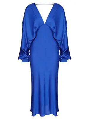 NAZLI CEREN Mila V Neck Satin Dress In Sax - Blue