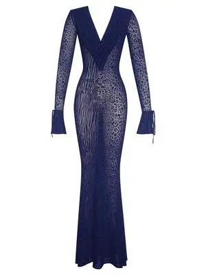 MISS CIRCLE NEW YORK Animal Print V-neck Plunge Mermaid Hem Maxi Dress - Blue