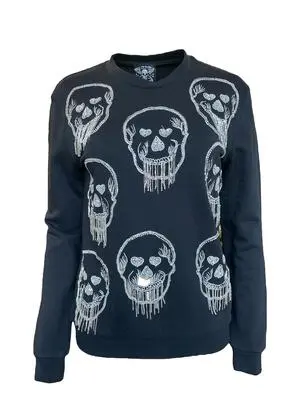 ANY OLD IRON Black / Silver Silver Beaded Skull Fringe Sweatshirt - Black/silver