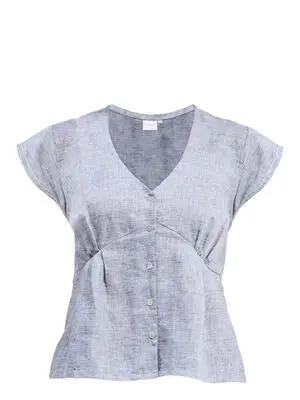 REISTOR Deep V-neck Short Linen Stripes Top - Grey