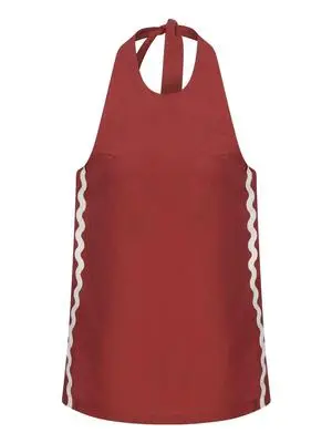 THISISU COLLECTION Wavy Top Tie-neck Linen Top With Wavy Trim Cherry Clay - Red