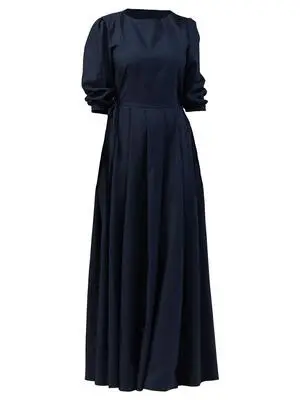 NIKKA PLACE Vintage-Inspired Linen Maxi Dress With Puff Sleeves And Tie Detail