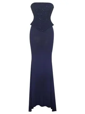 MISS CIRCLE NEW YORK Orabelle Beaded Peplum Mermaid Maxi Gown - Blue