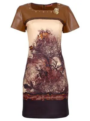 LALIPOP DESIGN Neutrals All-over Graphic Print Short Sleeve Dress Panelled With Vegan Leather - Black