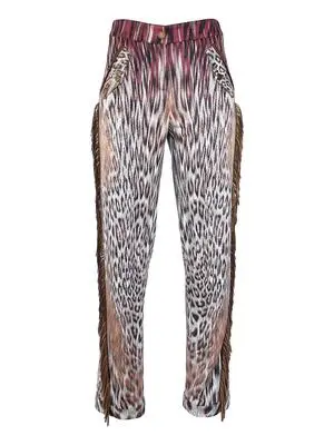 LALIPOP DESIGN Straight-leg Pants With Animal Print And Fringe Details - Black