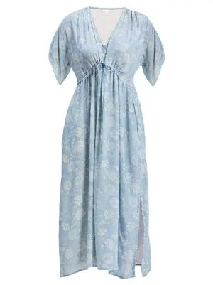 REISTOR Maxi Gathered Dress In Florals - Blue