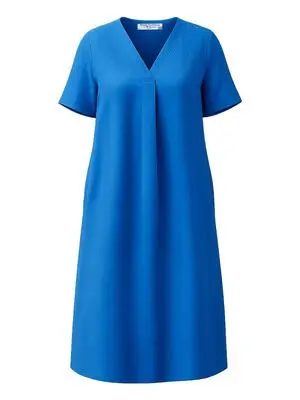 Haris Cotton Notched Neckline Curve Linen Dress With Batwing Sleeve Sapphire - Blue