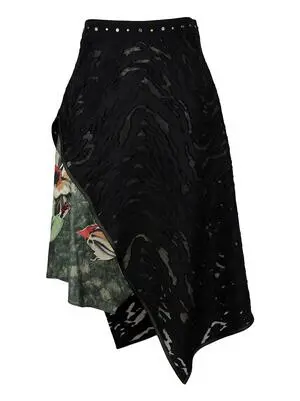 LALIPOP DESIGN Black / Green Asymmetric Burnout & Floral Appliqué Midi Skirt - Black/green