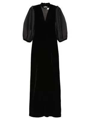 NISSA Puff Sleeves Velvet Midi Dress