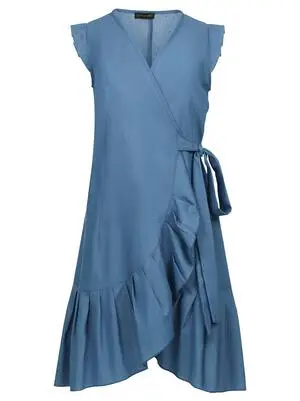 CONQUISTA Chic Sleeveless Wrap Dress With Ruffled Hem - Blue