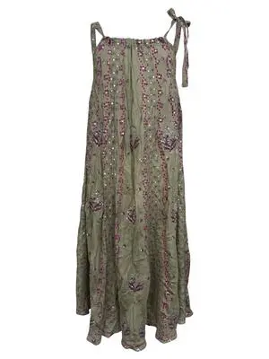 JOSHI Silk Beaded Olive Tie Shoulder Dress Green