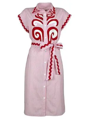 LALIPOP DESIGN Pinstripe Cotton Shirtdress With Paisley Embroidery - Red