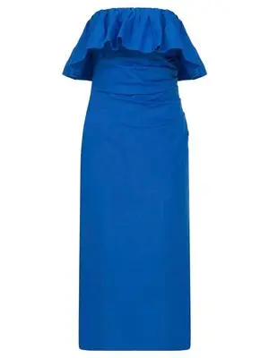 THISISU COLLECTION Seashell Midi Dress Strapless Linen Midi Dress With Ruffle Detail And Lining Aegean Wave - Blue