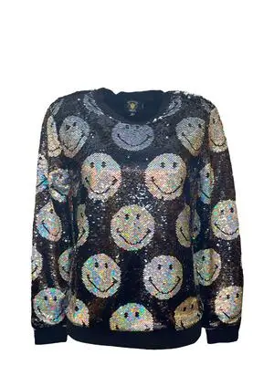 ANY OLD IRON Black / Silver Iridescent Smiley Reversible Sequin Sweatshirt - Black/silver