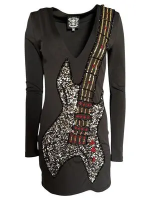 ANY OLD IRON Black / Red / Silver Beaded Guitar Long Sleeve Mini Dress - Black/red/silver