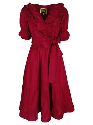 LALIPOP DESIGN Dark Cherry Double-breasted V-neck Cotton Dress With Ruffles - Red