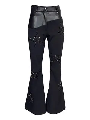LALIPOP DESIGN Vegan Leather Detailed Trim Flared Pants With Stud Embellished Stars - Black