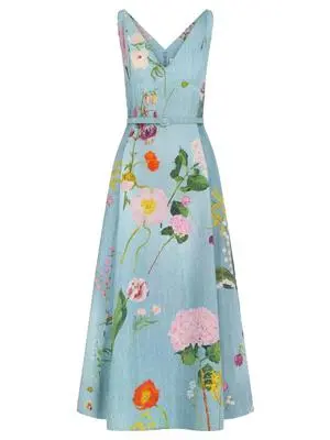 Oscar De La Renta Botanical-print Belted Midi Dress - Blue