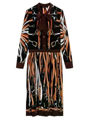 Gucci Belt-print Pleated-design Midi Dress - Black