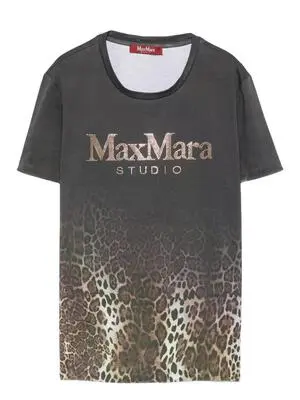 Max Mara Quieto Leopard-print Rhinestone-logo T-shirt Grey