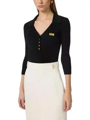 Elisabetta Franchi Micro‑braided Ribbed‑knit Polo Top - Black