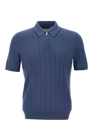 GRAN SASSO Ribbed-knit Silk Polo Shirt - Blue