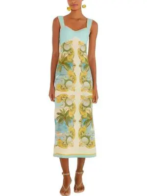 Farm Rio Royal Sea Tropical-print Sleeveless Midi Dress - Neutrals