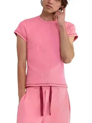 SANDERLAK Ribbed-knit Contrast-stitch T-shirt - Pink