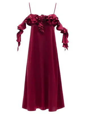 JNSQ (JE NE SAIS QUOI) Rosie Silk Ruffle Midi Dress - Red
