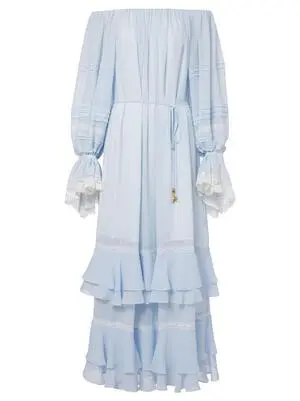 XU ZHI Off-shoulder Ruffled Lace-trimmed Maxi Dress - Blue