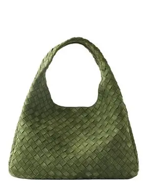 Bottega Veneta Campana Intrecciato Suede Shoulder Bag - Green