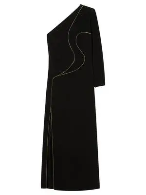 Marina Rinaldi One-shoulder Maxi Dress With Gold Piping And Slit - Black