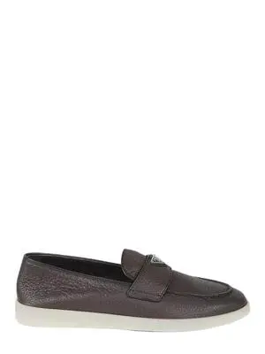 Prada Logo-plaque Pebbled-leather Loafers - Brown