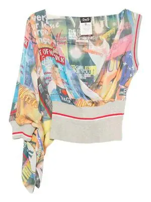 Dolce & Gabbana 2000s Newsprint-print One-shoulder Top - Blue